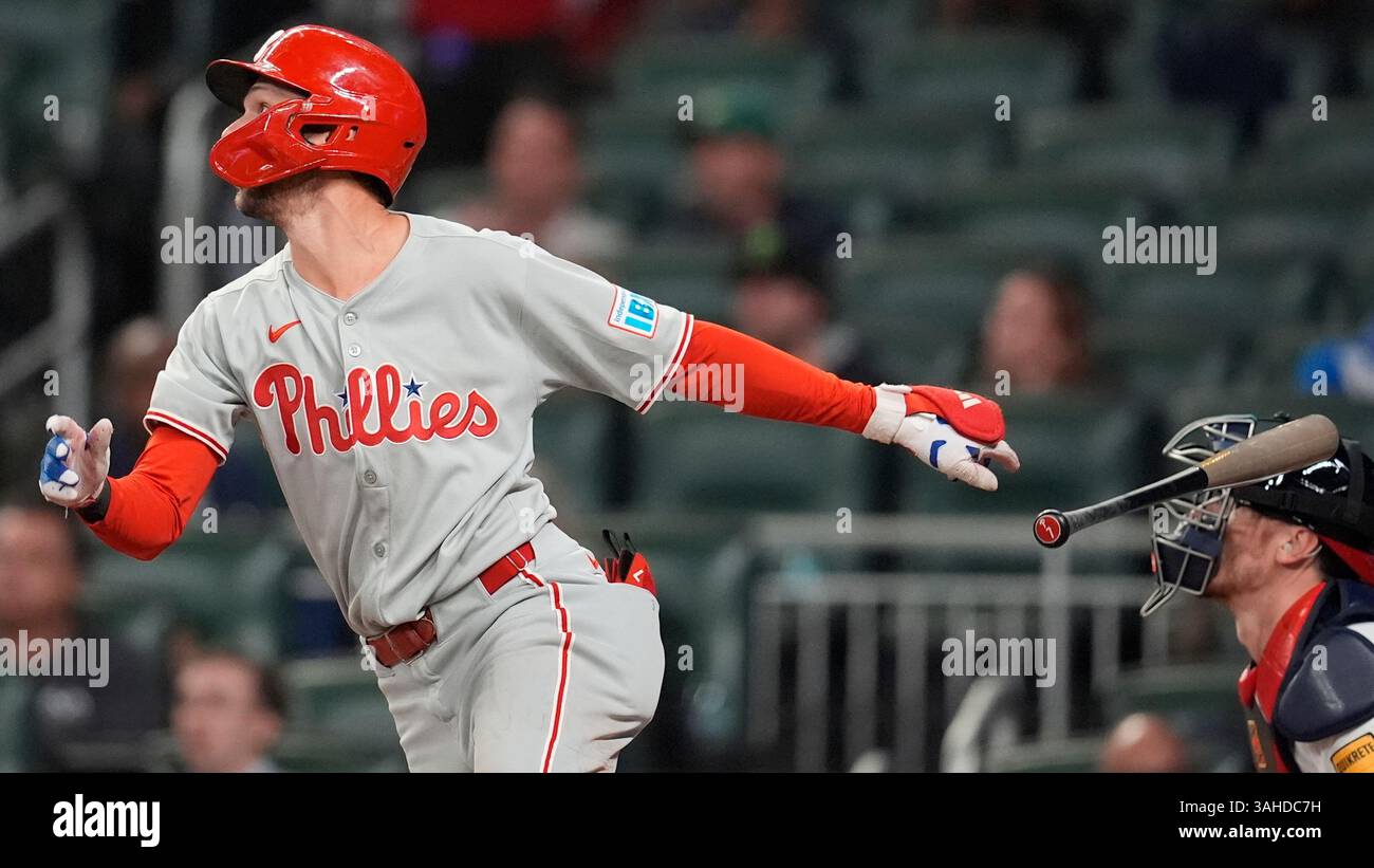 Philadelphia Phillies shortstop Trea Turner (7) hits a single against ...