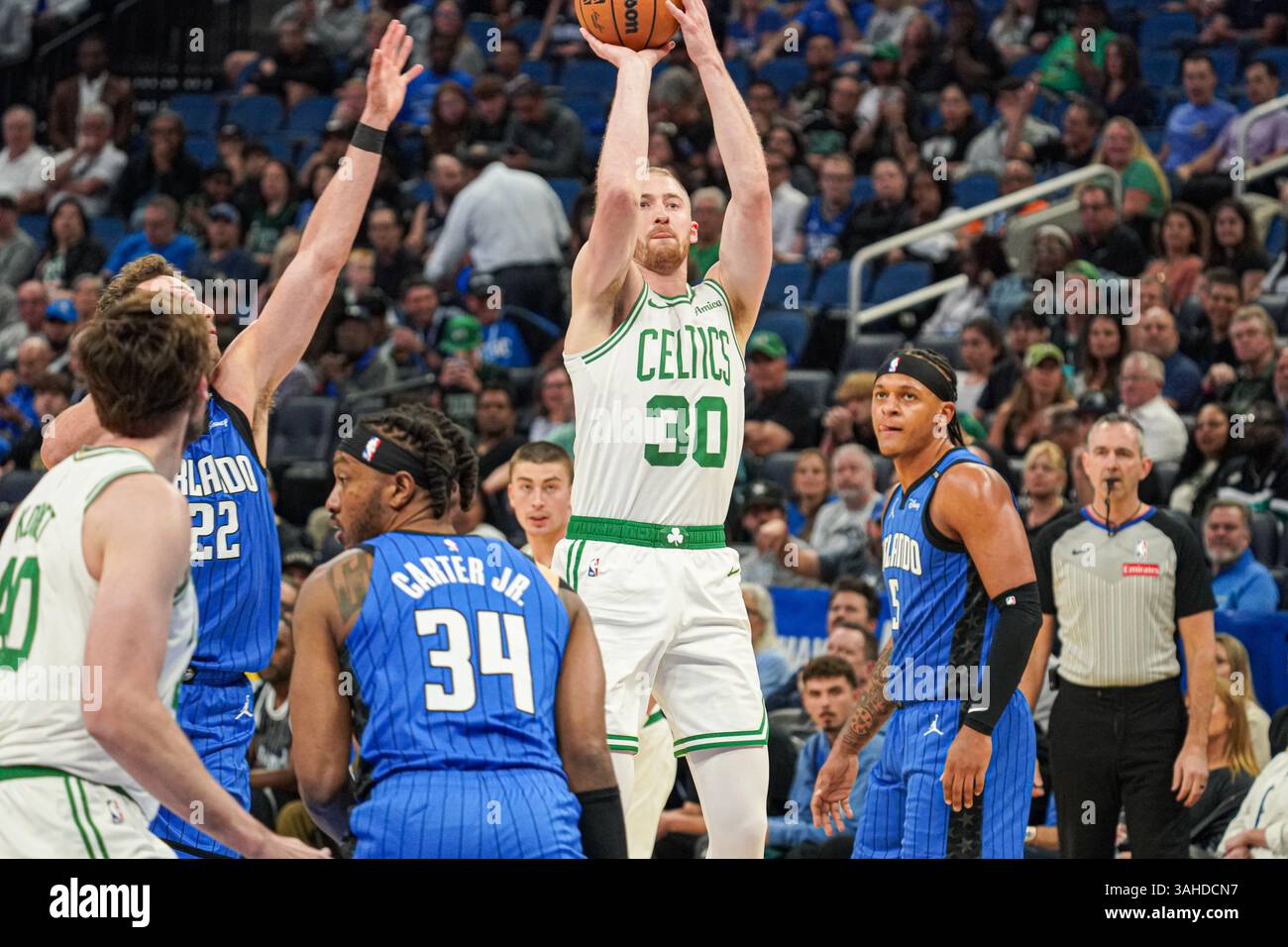 Orlando, Florida, USA, April 9, 2025, Boston Celtics forward Sam Hauser ...