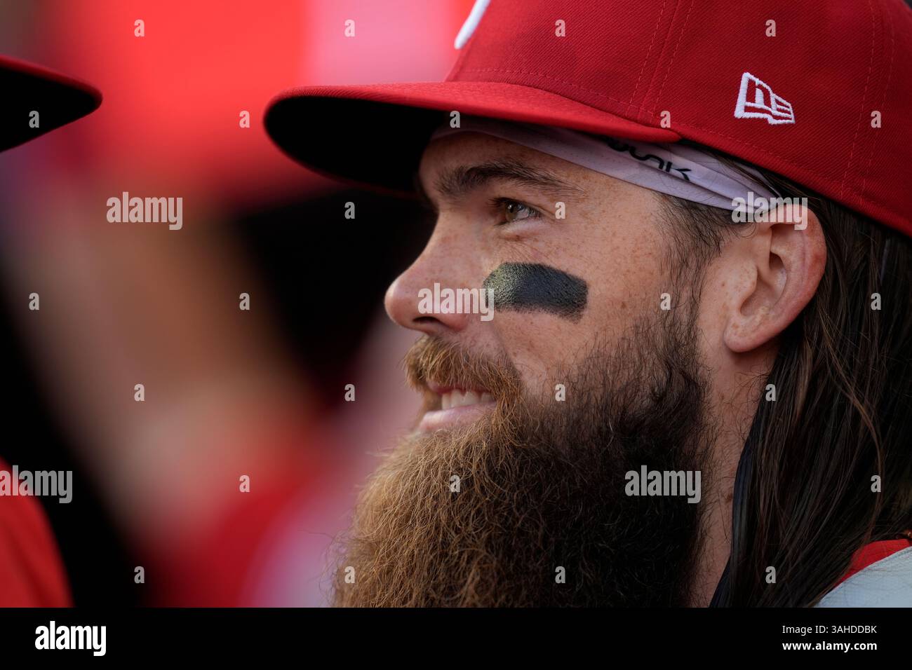 Philadelphia Phillies outfielder Brandon Marsh (16) sits in the dugout ...