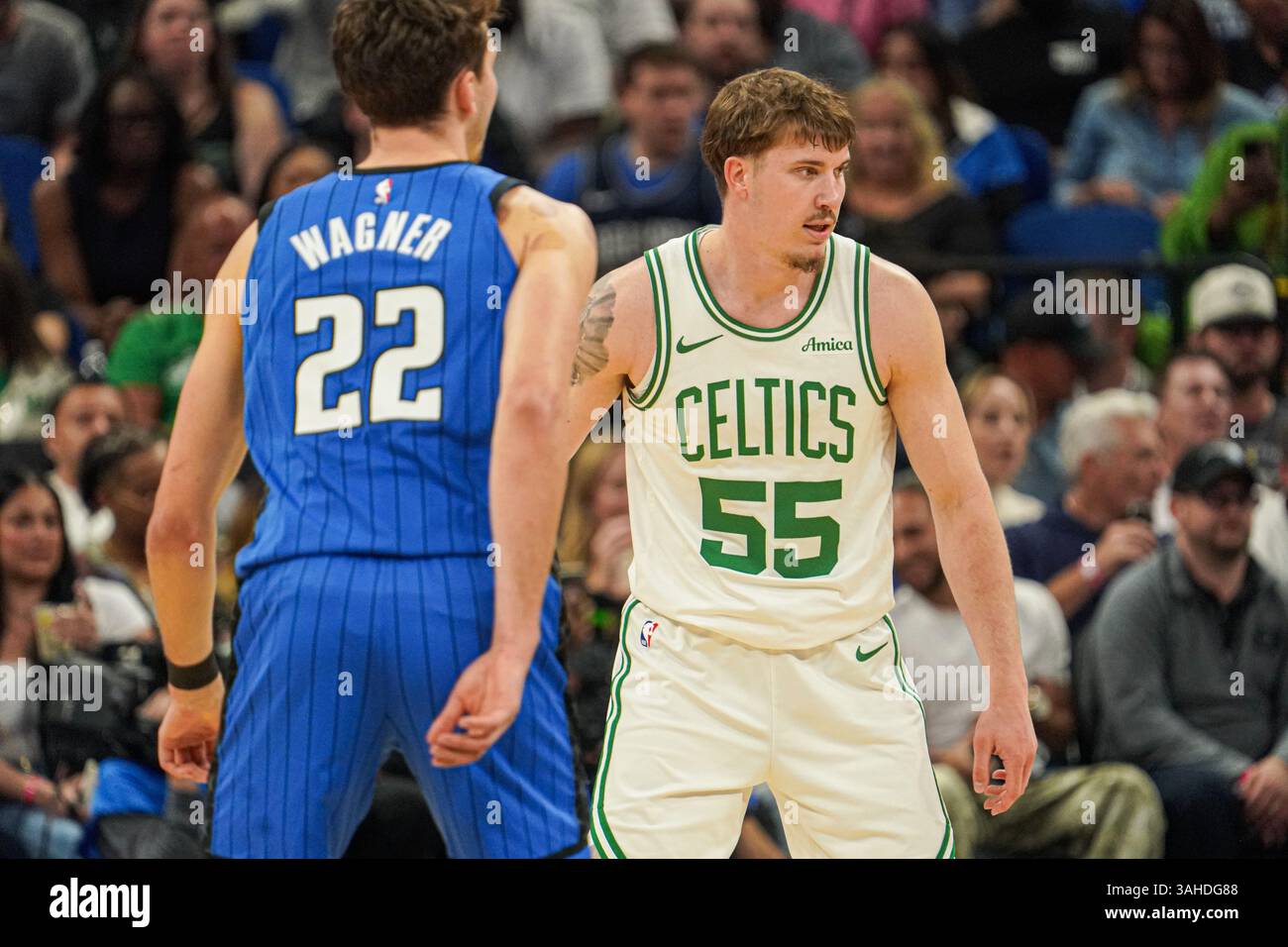 Orlando, Florida, USA, April 9, 2025, Boston Celtics guard Baylor Scheierman #55 at the Kia ...