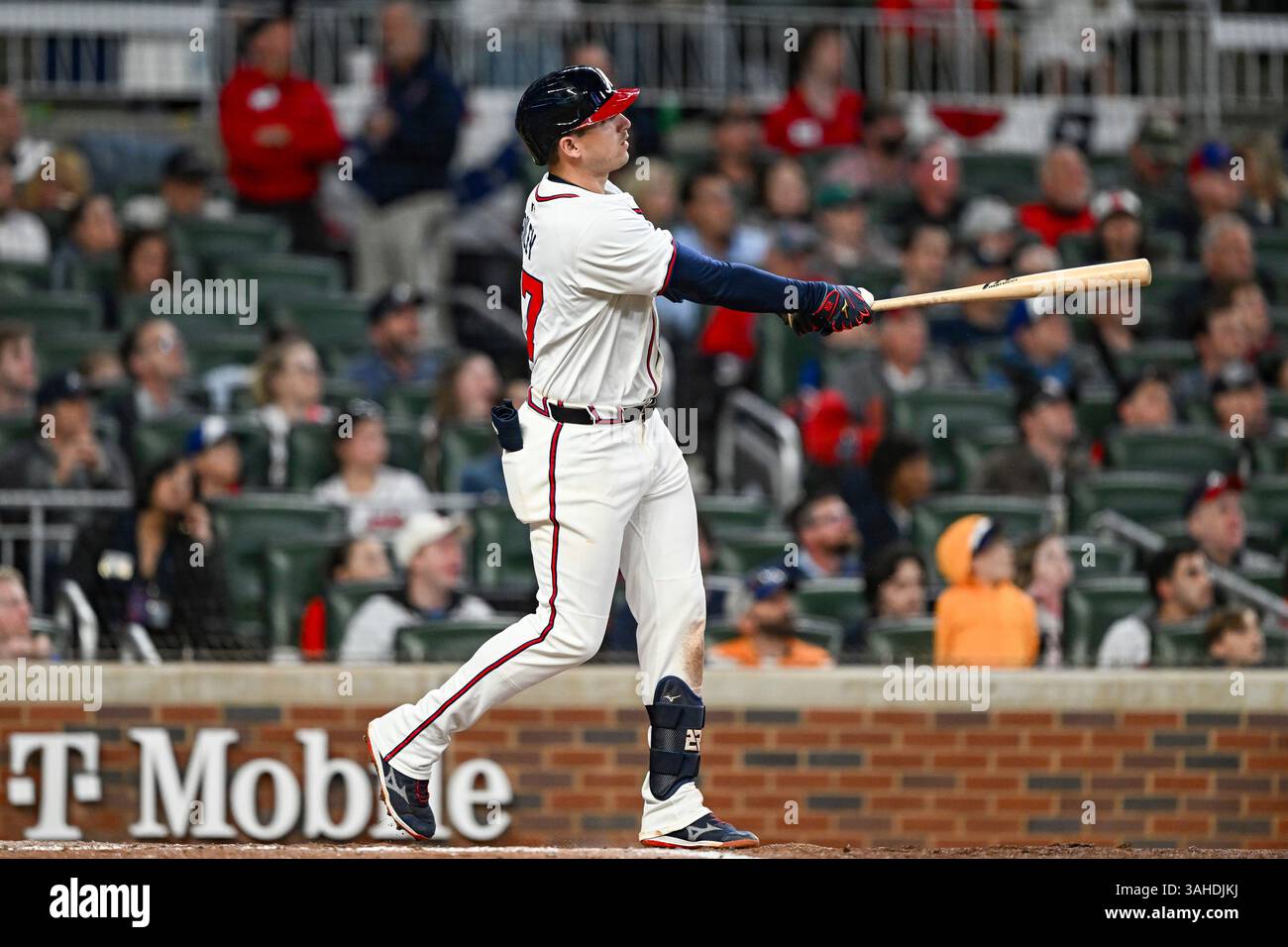 ATLANTA, GA – APRIL 09: Atlanta third baseman Austin Riley (27) hits a ...
