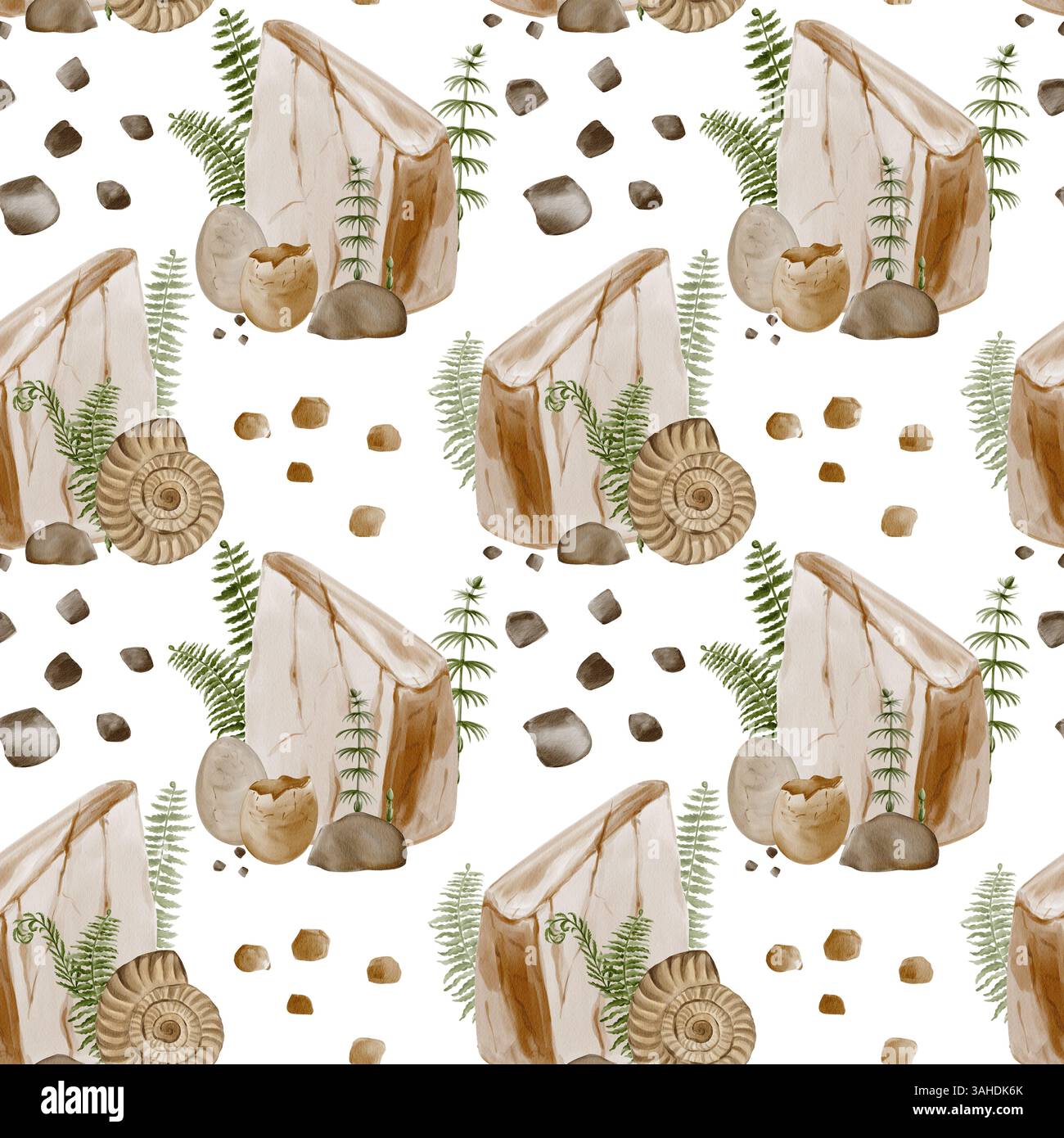 Seamless pattern with stone and dinosaur eggs, decorated with fern and ...