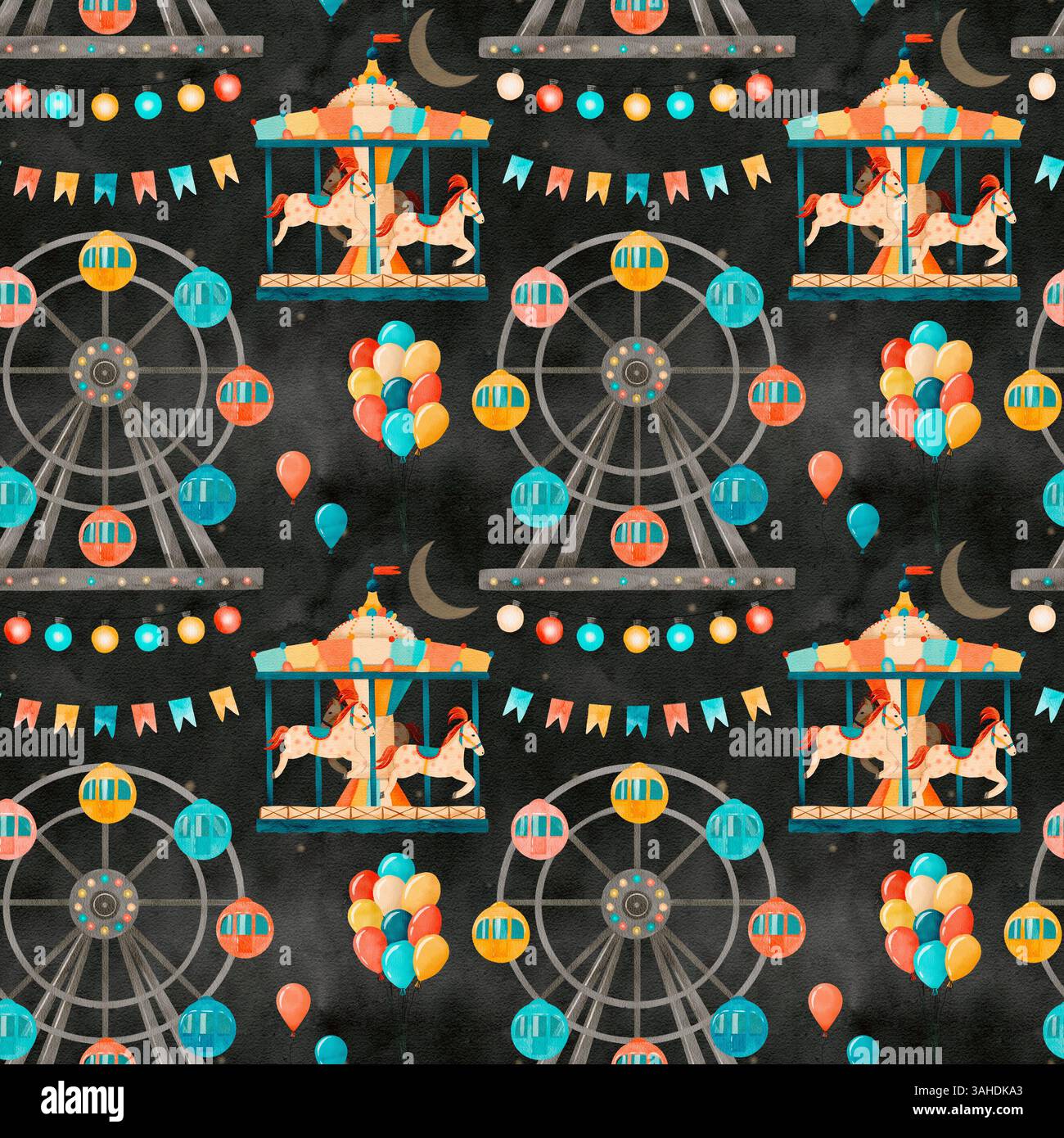This vibrant carnival design features a ferris wheel, carousel ...