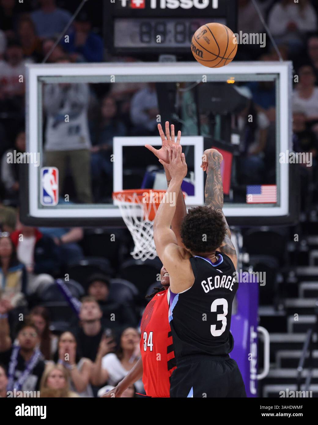 Utah Jazz guard Keyonte George (3) shoots a 3-point shot over Portland ...