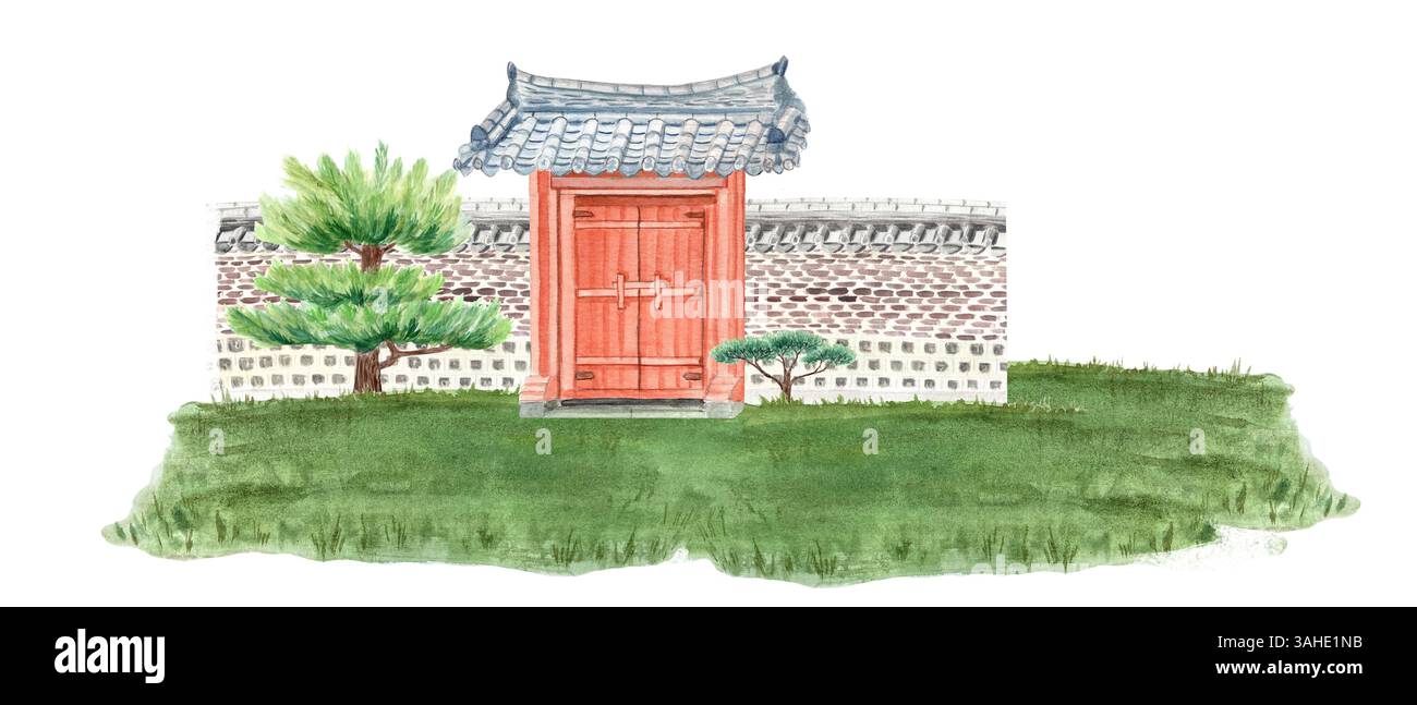 Korean style gate with stone walls pine trees and patch of grass ...