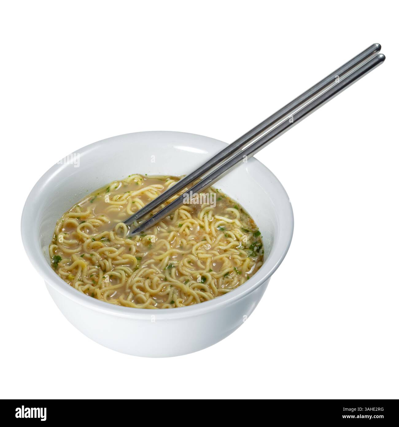 cooked instant noodle in white bowl with standless steel chopsticks on ...
