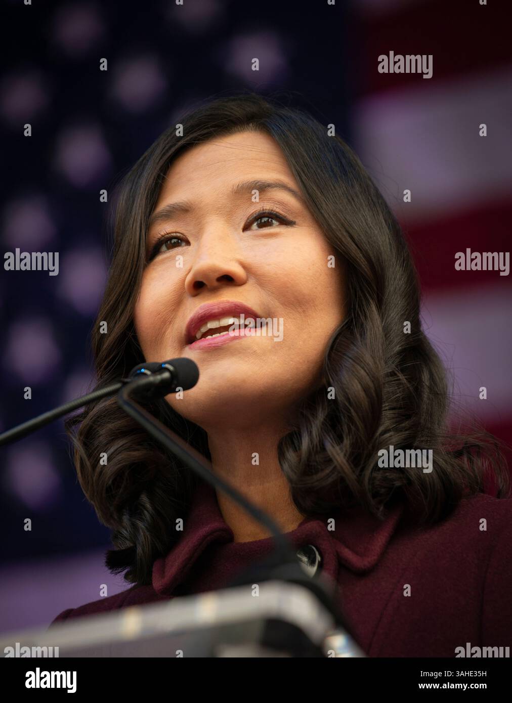Boston Mayor Michelle Wu speaking on stage during ‘Hands Off ...