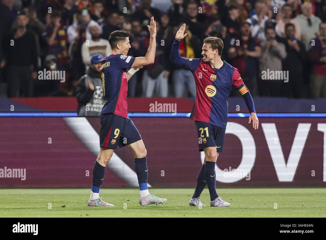 Robert Lewandowski of FC Barcelona celebrates a goal with Frenkie de ...