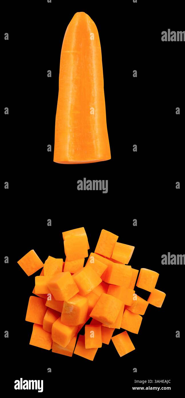 Top view set of orange carrot slices in cube shape and stick in stack ...