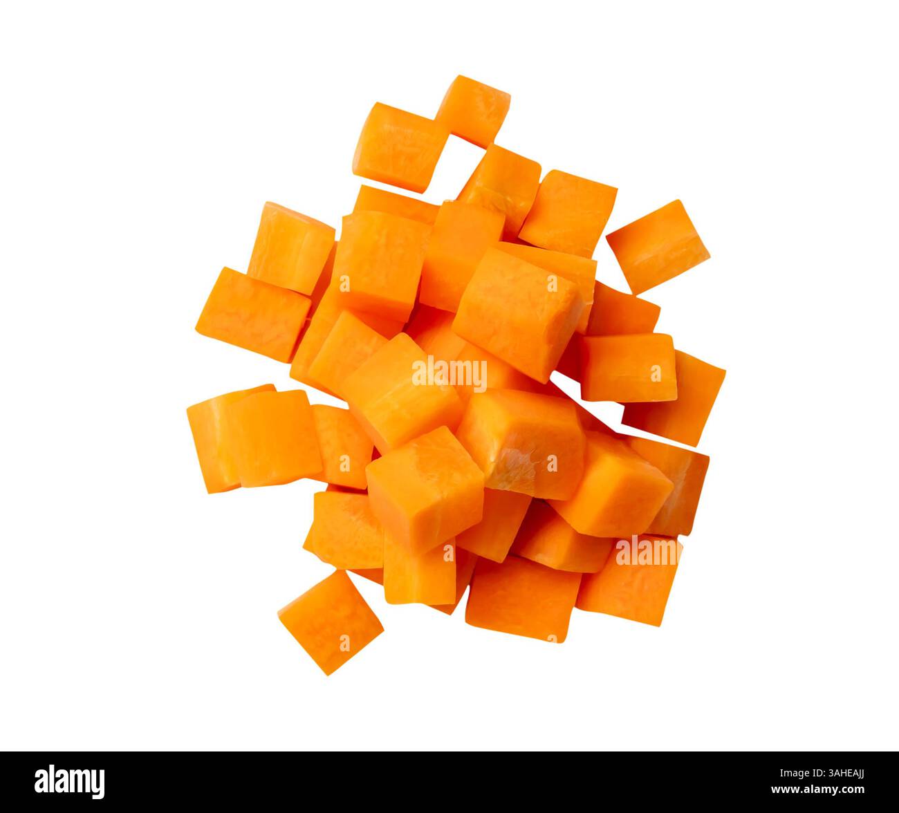 Top view of orange carrot slices in cube shape in stack is isolated on ...