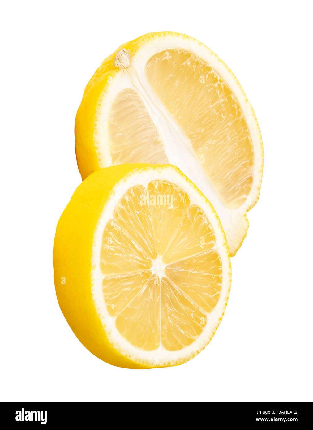 Top view of ripe yellow lemon fruit in ellipse half and circle slice in ...