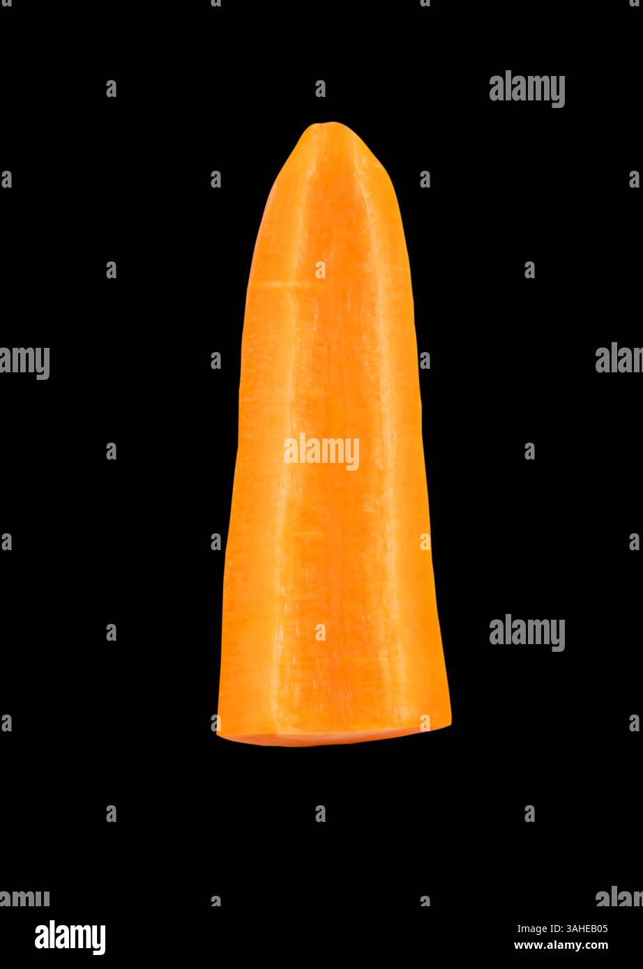 Top view of single orange carrot stick is isolated on black background ...