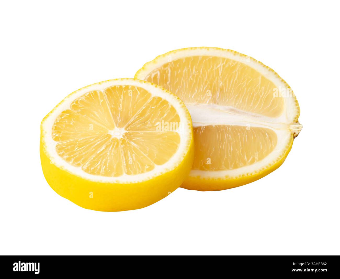 Top view of ripe yellow lemon fruit in ellipse half and circle slice in ...