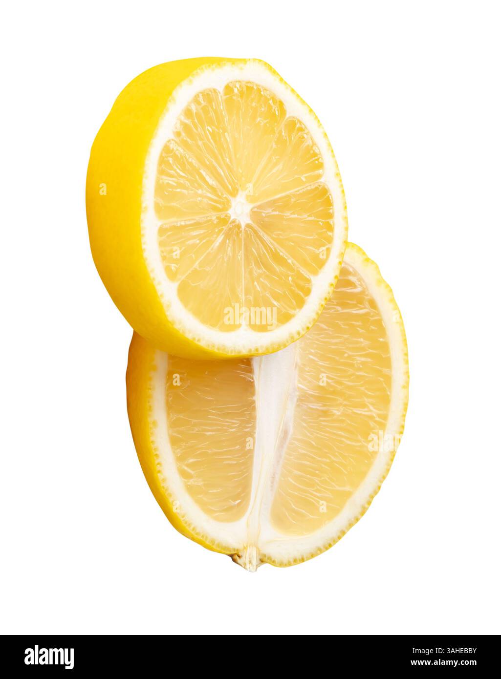 Top view of ripe yellow lemon fruit in ellipse half and circle slice in ...