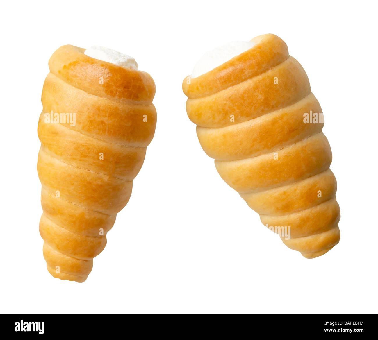 Top view set of two pieces of puff pastry cream horns is isolated on ...