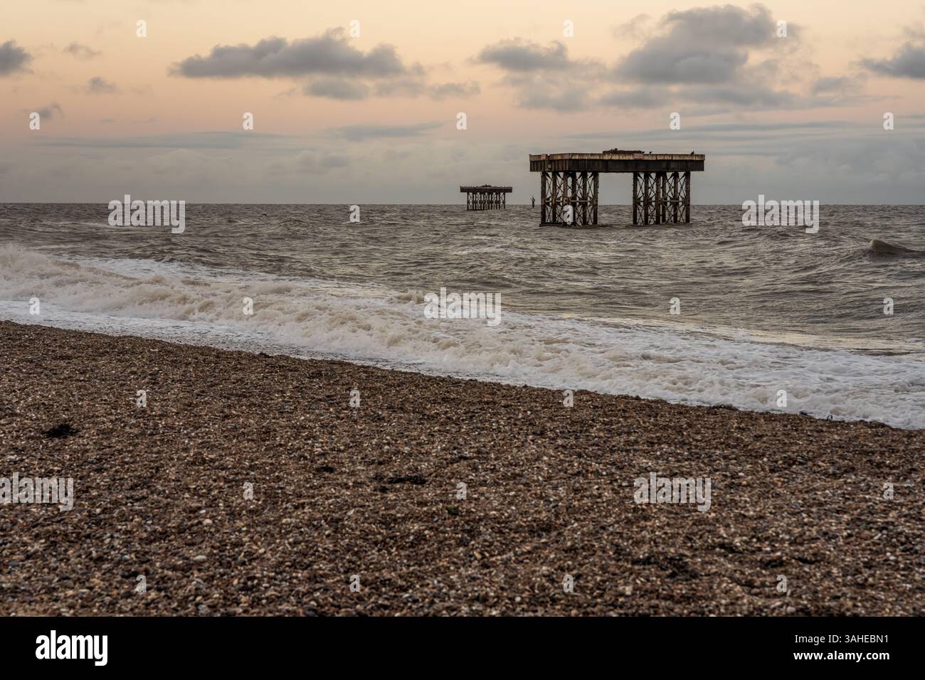 The beach and offshore platforms in Sizewell, Suffolk, England, UK ...
