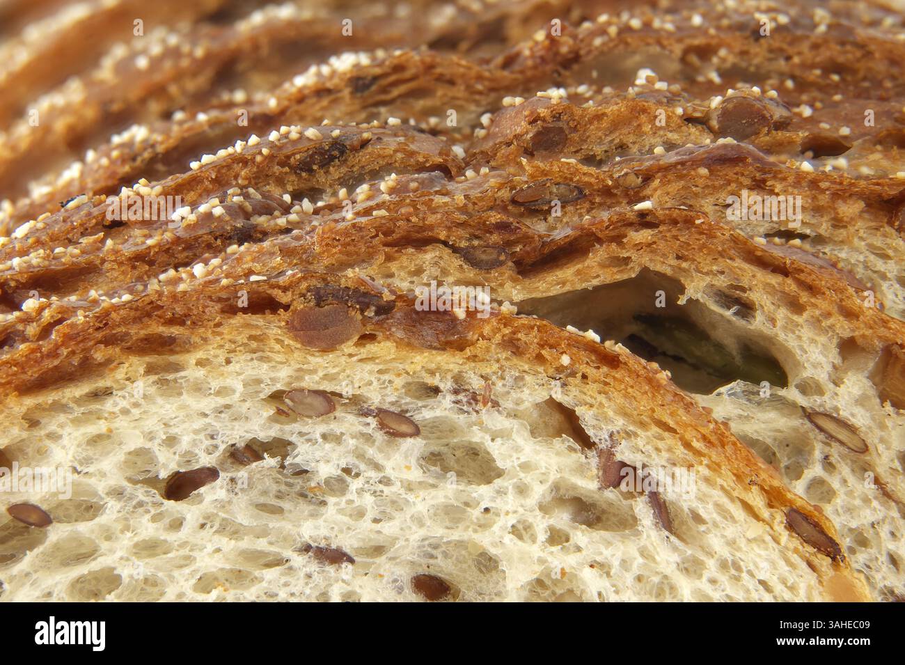 Macro view of sliced multigrain bread showcasing intricate seed patterns and crunchy crust ...