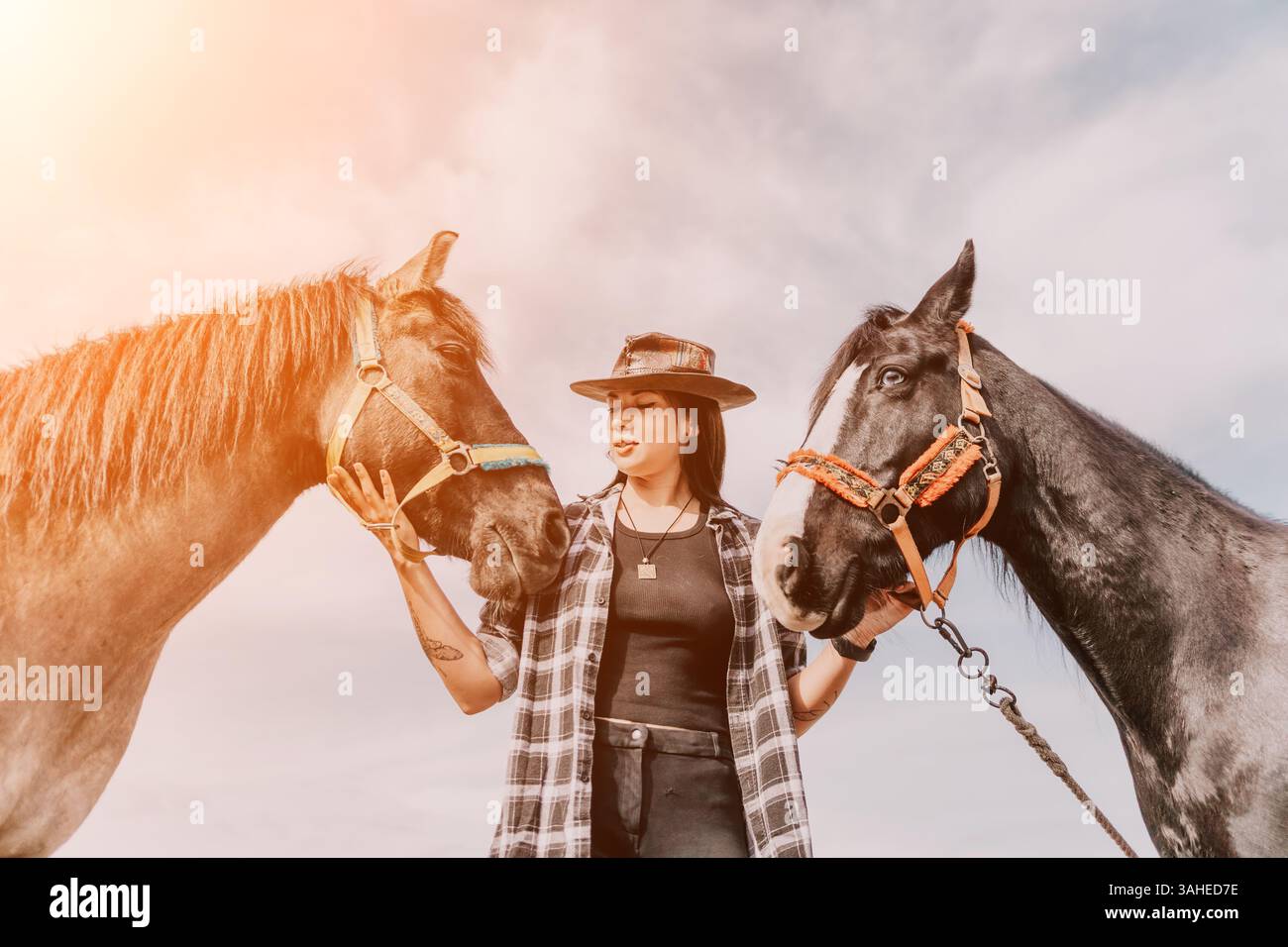 Cowgirl Horses Ranch - Woman in cowboy hat standing between two horses ...