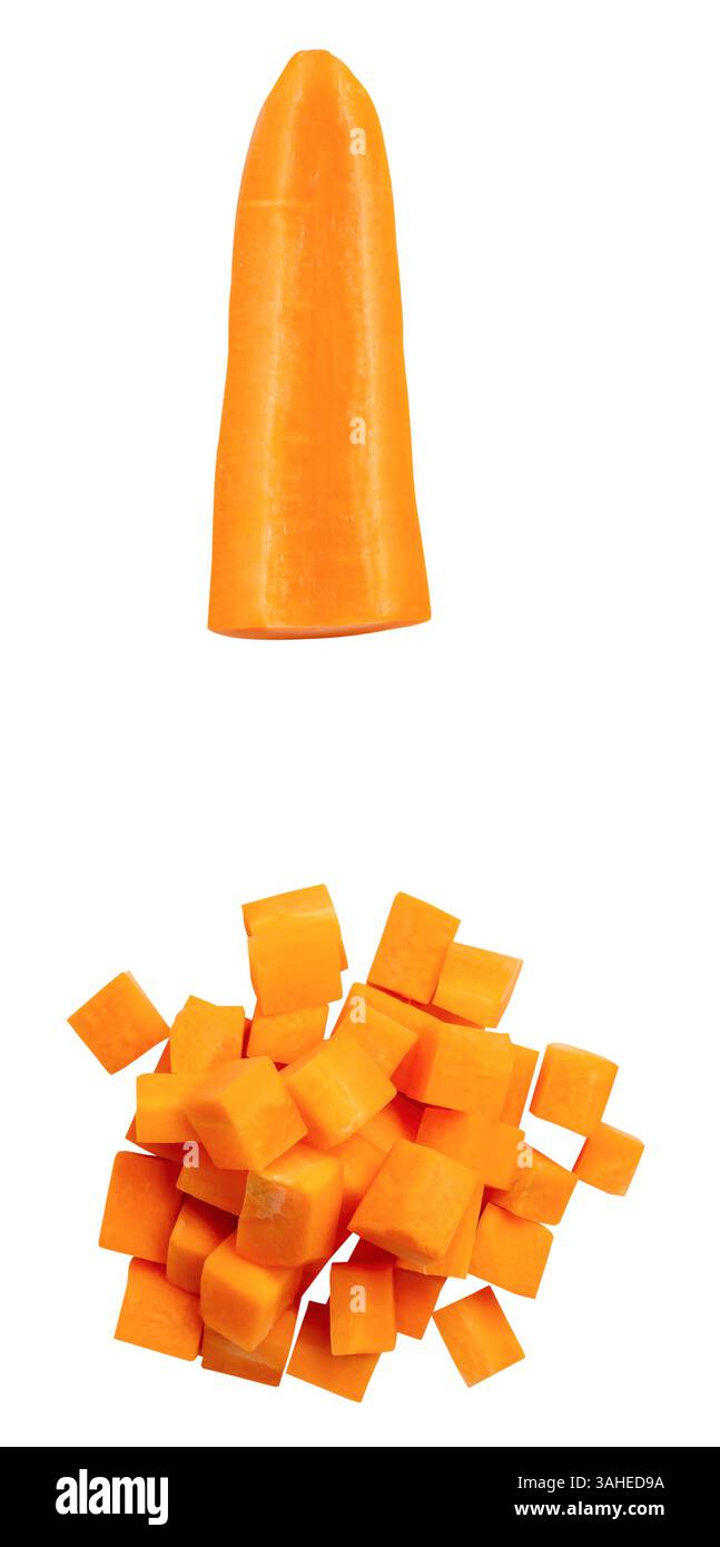 Top view set of orange carrot slices in cube shape and stick in stack ...