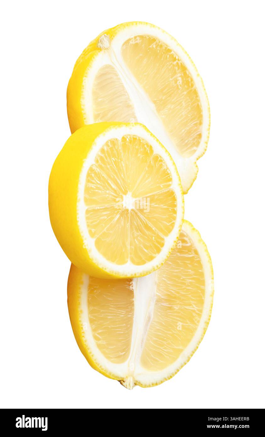 Front view of three ripe yellow lemon pieces in two ellipses and one ...