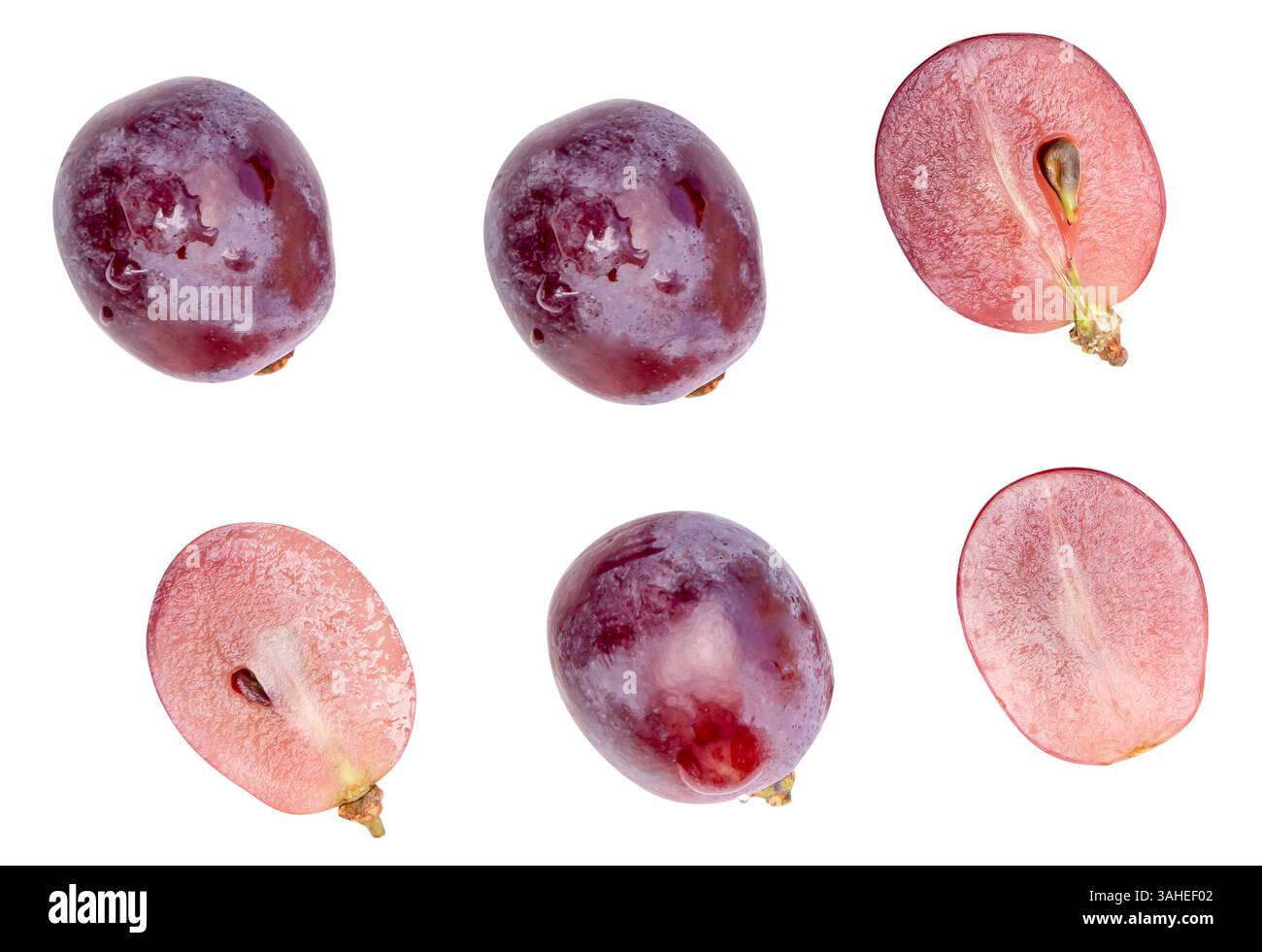 Top view set of fresh red grape or purple grape fruits with halves is ...