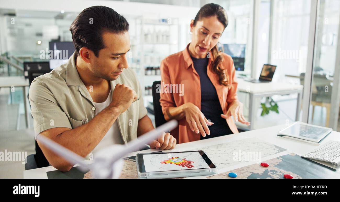 Energy, tablet and people with map in office for turbine location ...