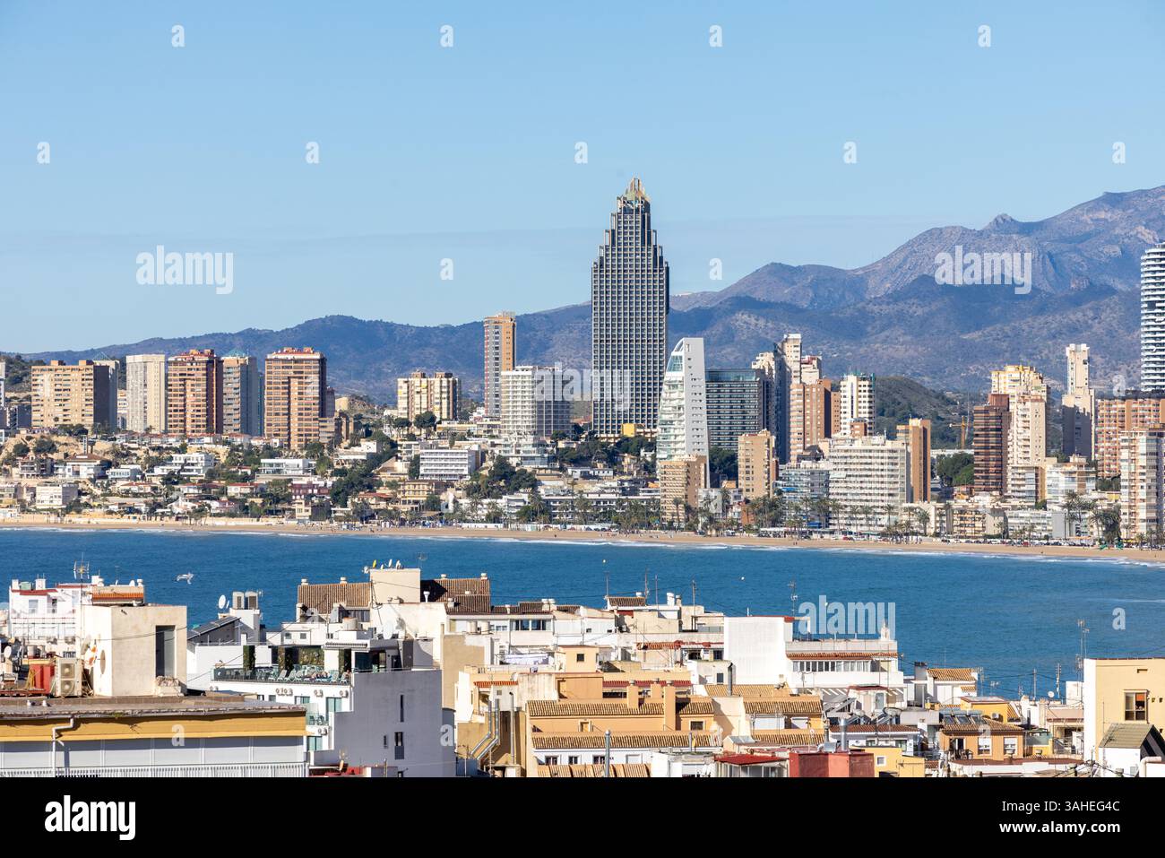 Aerial drone photo over looking the old town of Benidorm in Spain ...