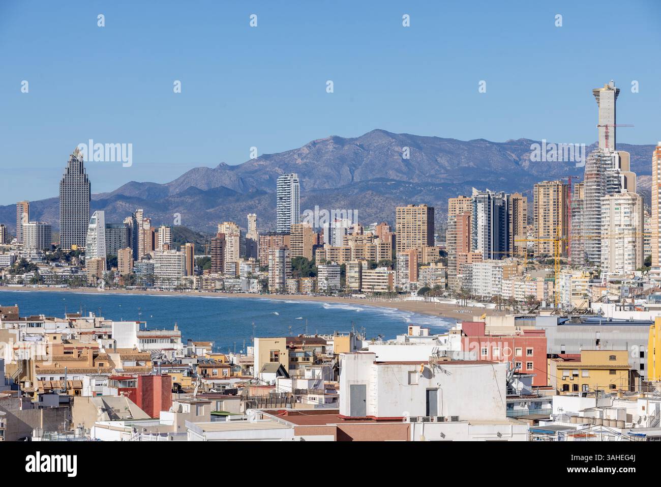 Aerial drone photo over looking the old town of Benidorm in Spain ...