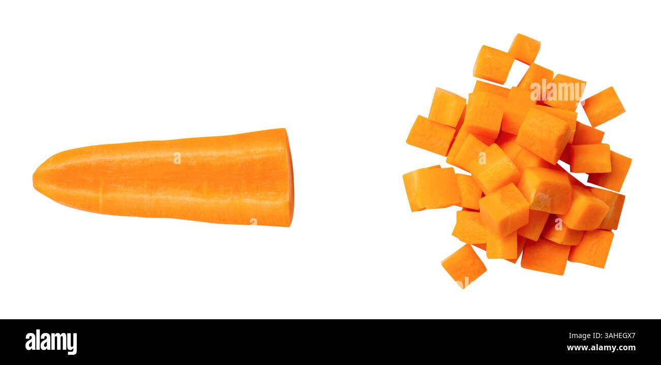 Top view set of orange carrot slices in cube shape and stick in stack ...