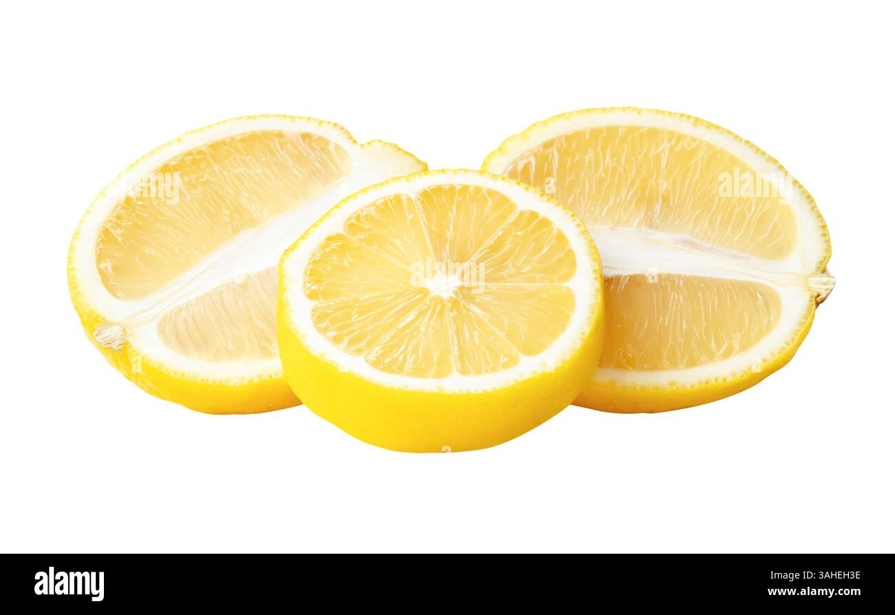 Front view of three ripe yellow lemon pieces in two ellipses and one ...