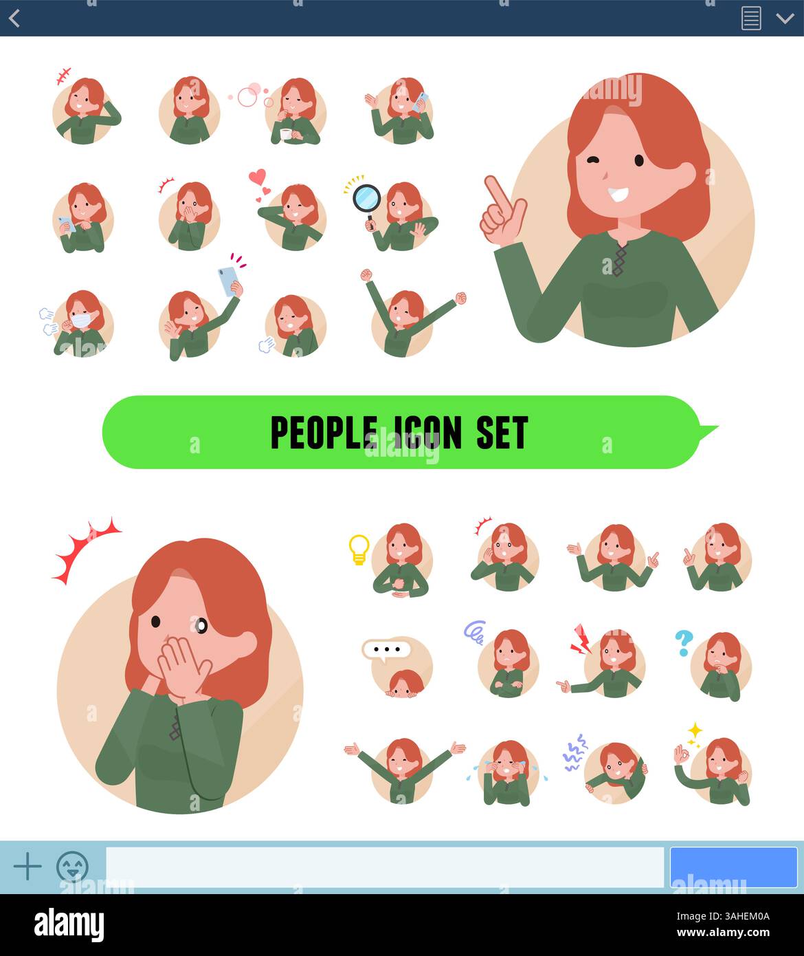 A set of redhead woman with expresses various emotions In icon format ...