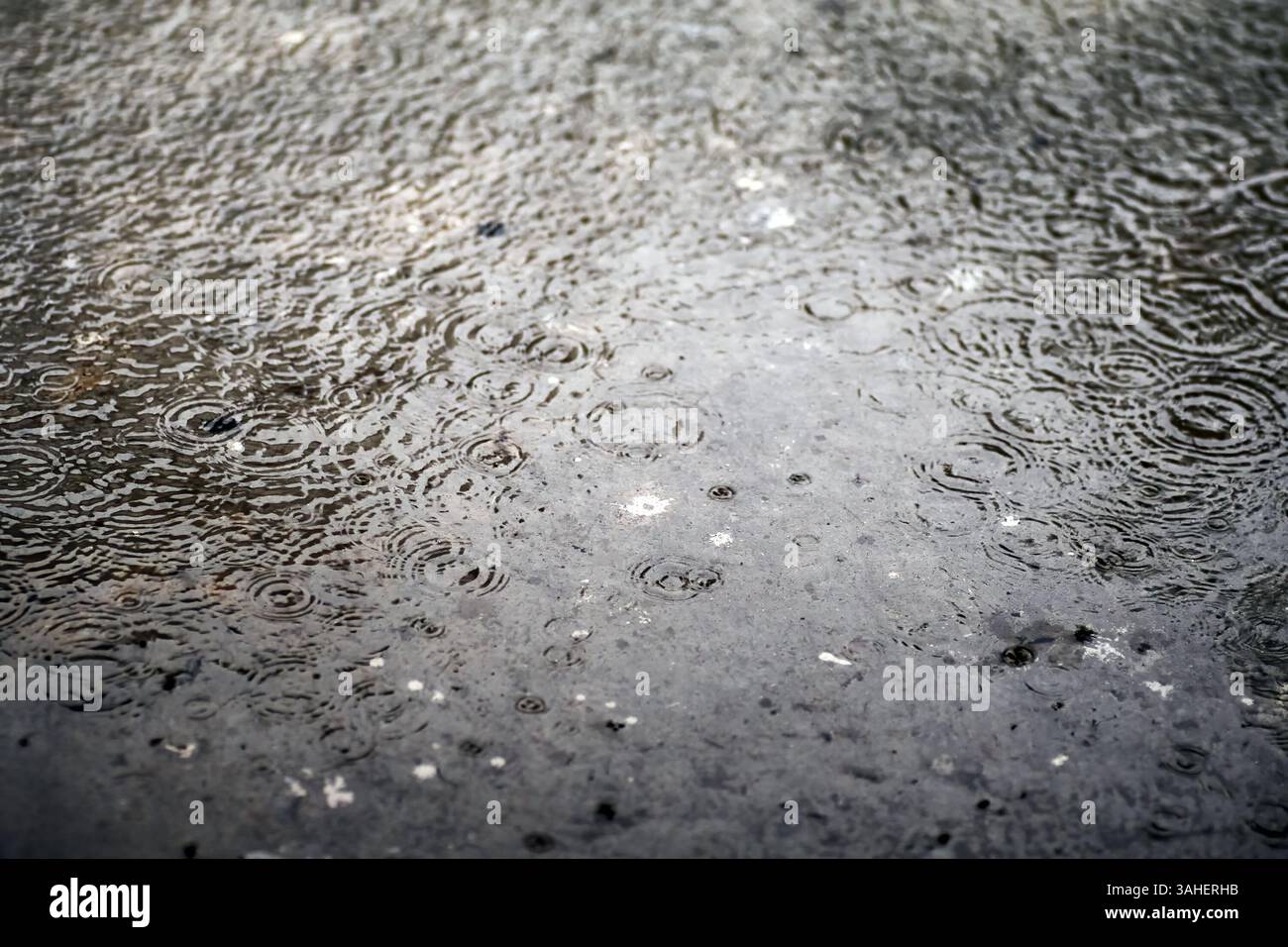 raining on the concrete walk way full with rain droplets splash ring bounce off the surface of ...