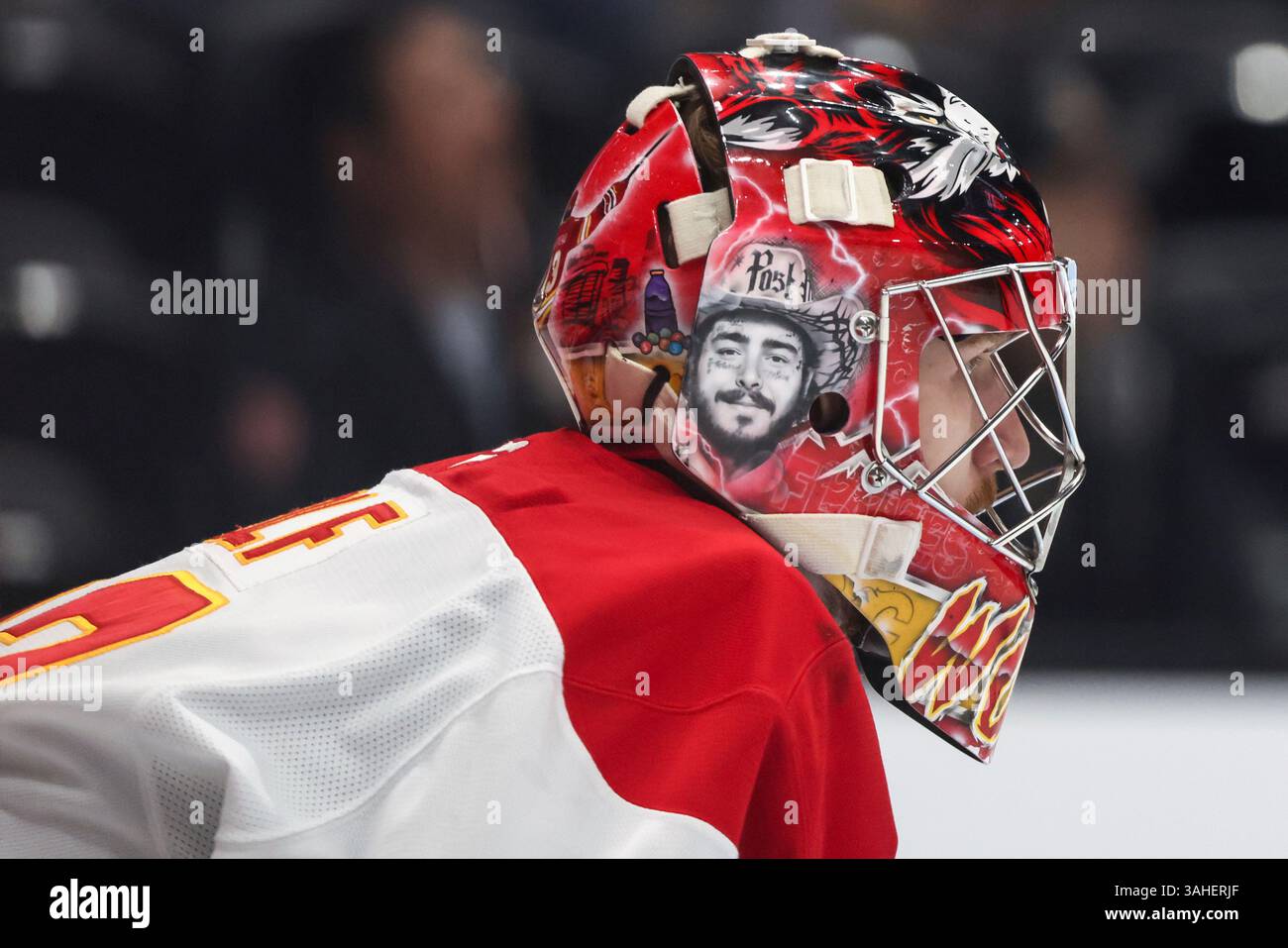 Calgary Flames goalie Dustin Wolf reacts during the first period of an ...