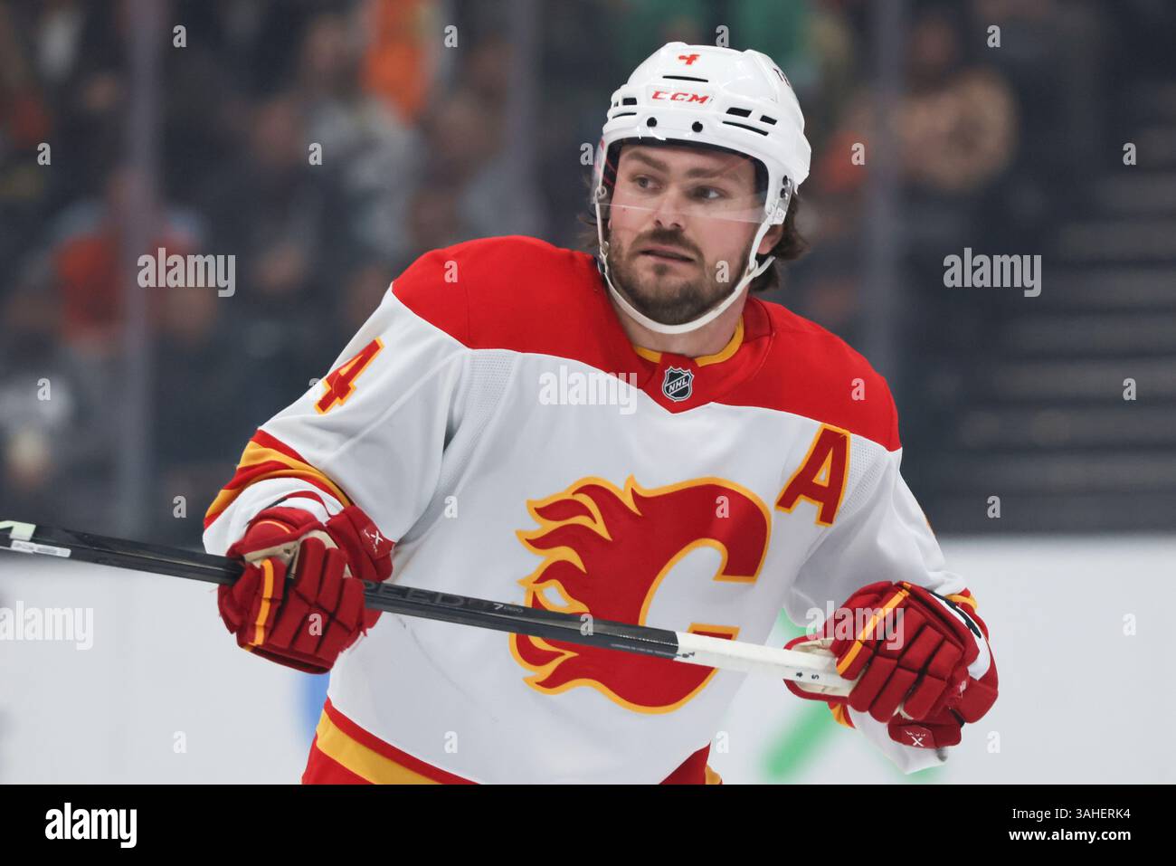 Calgary Flames defenseman Rasmus Anderson reacts during the second ...
