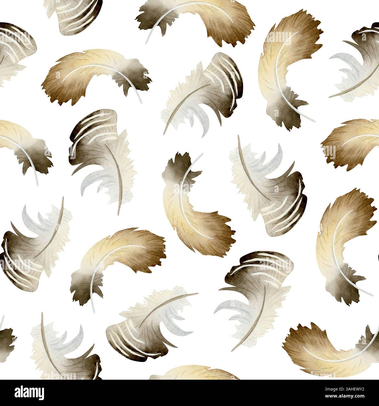Brown grey chicken feathers watercolor seamless pattern on white. Farm ...