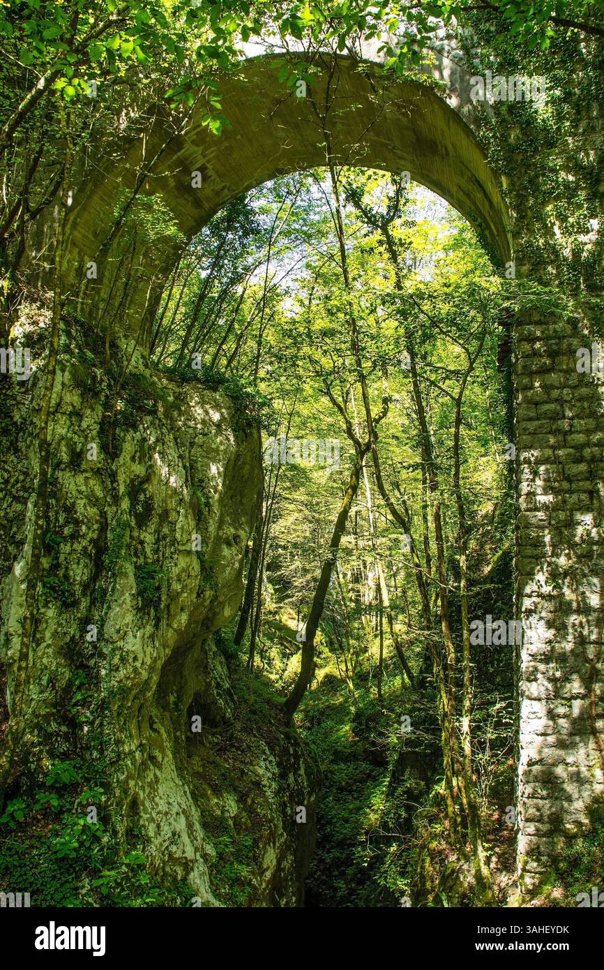 A stone bridge across the Cosa Torrente canyon at the Grotte di Pradis ...