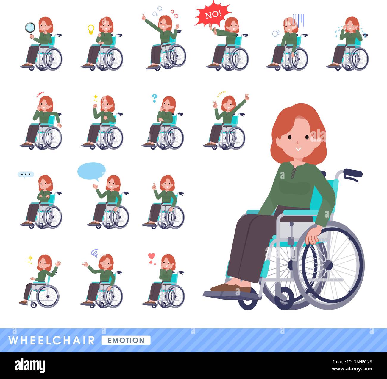 A set of redhead woman in a wheelchair.It depicts emotions such as ...