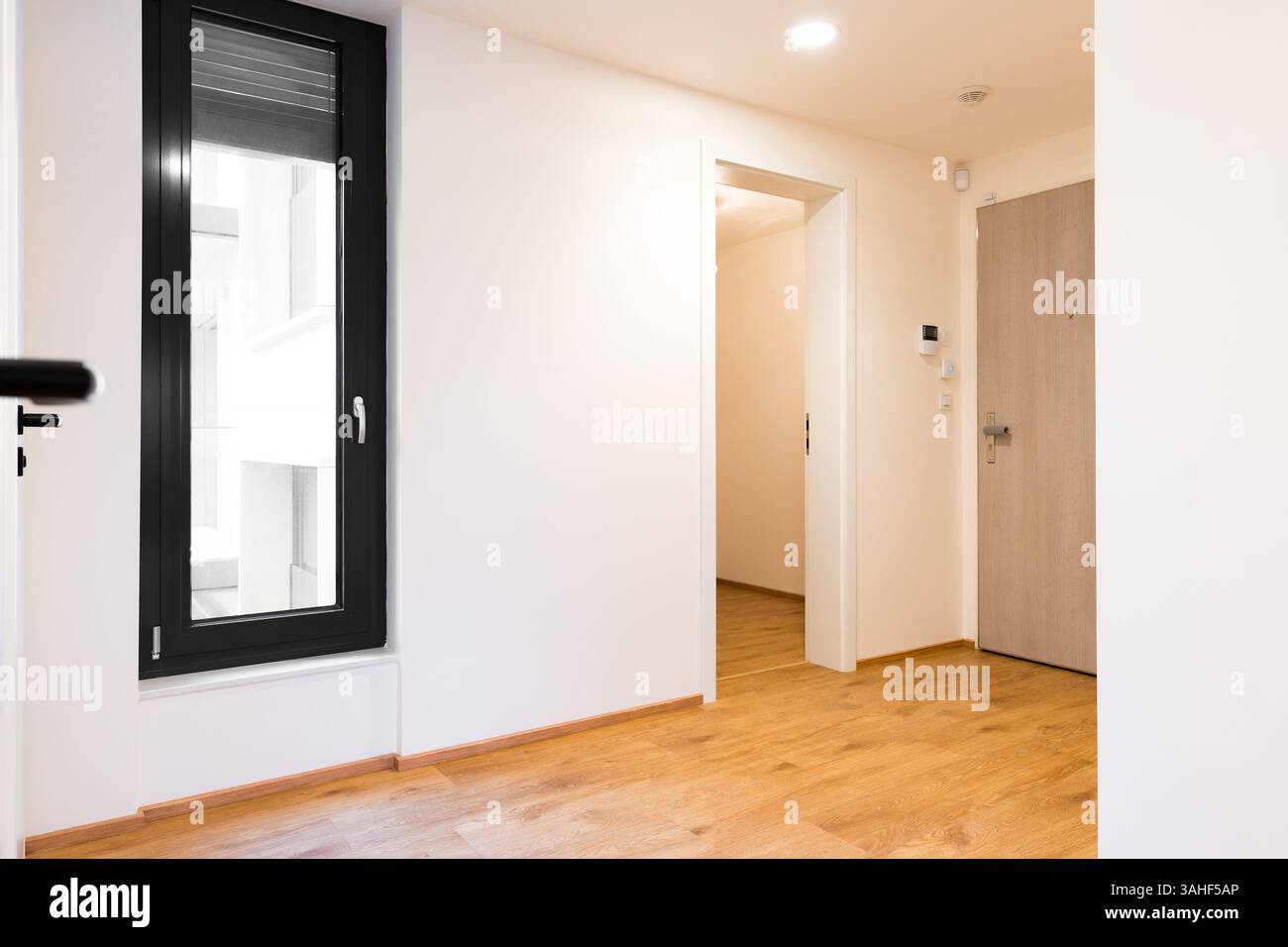 Modern apartment hallway with wooden floors and tilt and turn window ...