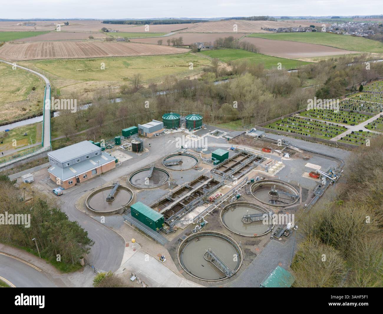Sewage water treatment works by the River Ythan, Ellon, Aberdeenshire ...