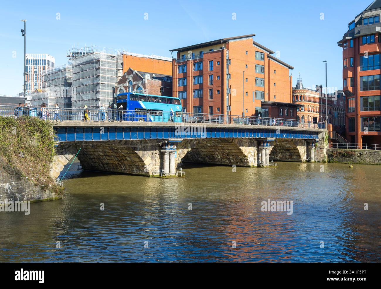 Double decker bus crossing Bristol Bridge, River Avon, Floating Harbour ...