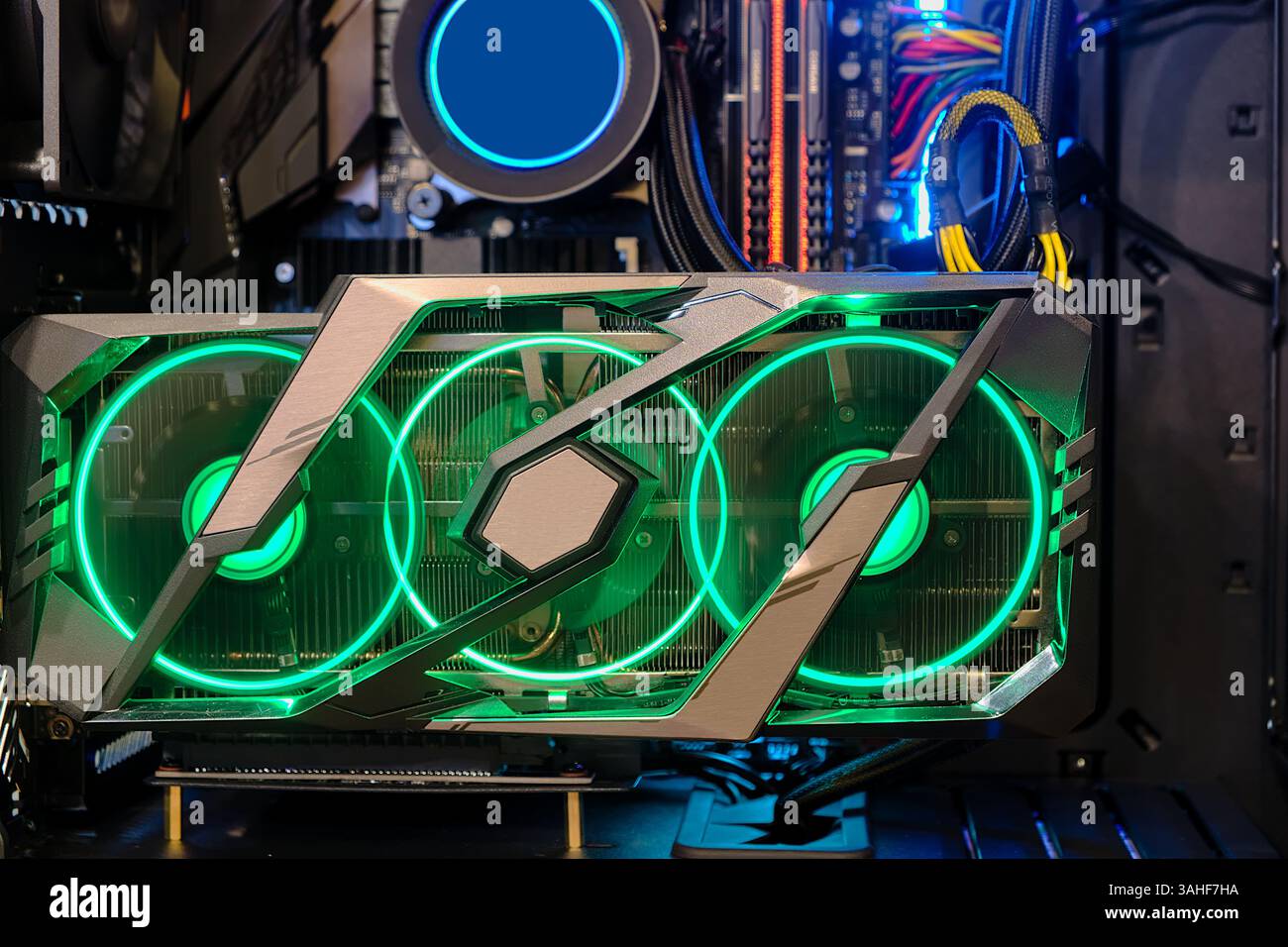 Close-up high performance graphic card with cooling fan and multicolor ...