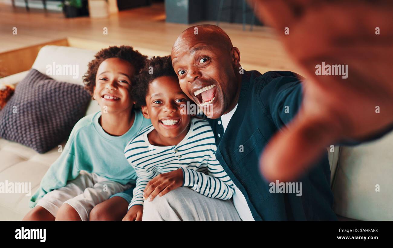 Selfie, portrait and dad with children on sofa for social media ...