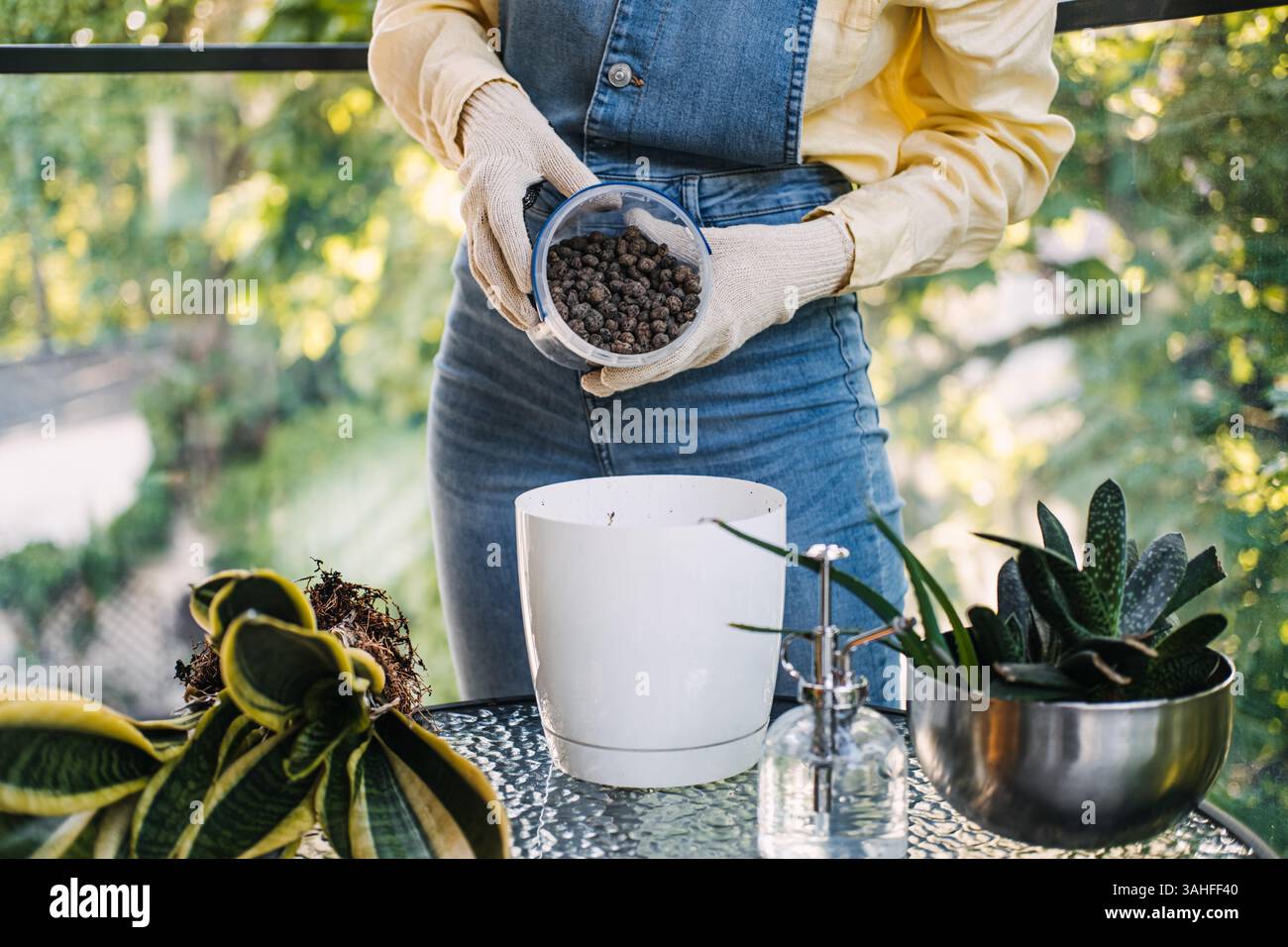 Woman in overalls pouring pebbles into a plant pot surrounded by ...