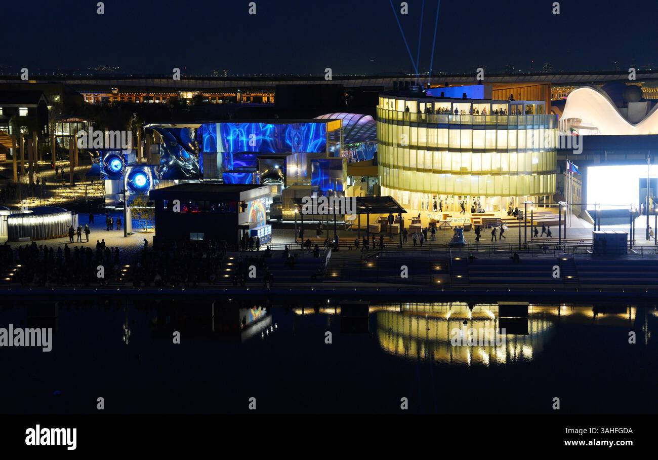 Pavilions for the 2025 World Exposition in Osaka are lit up as the ...