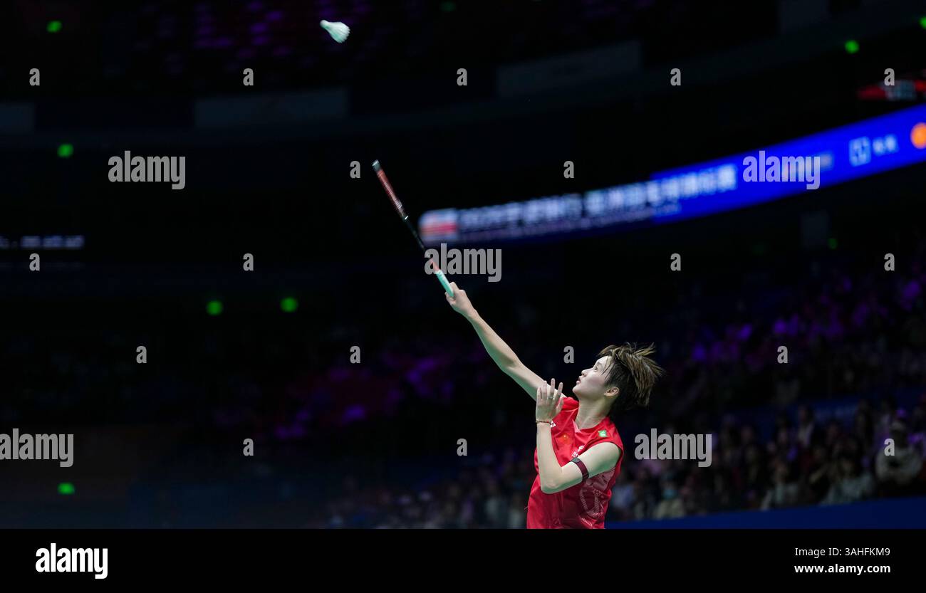 (250410) -- NINGBO, April 10, 2025 (Xinhua) -- Chen Yufei of China hits a return during the ...
