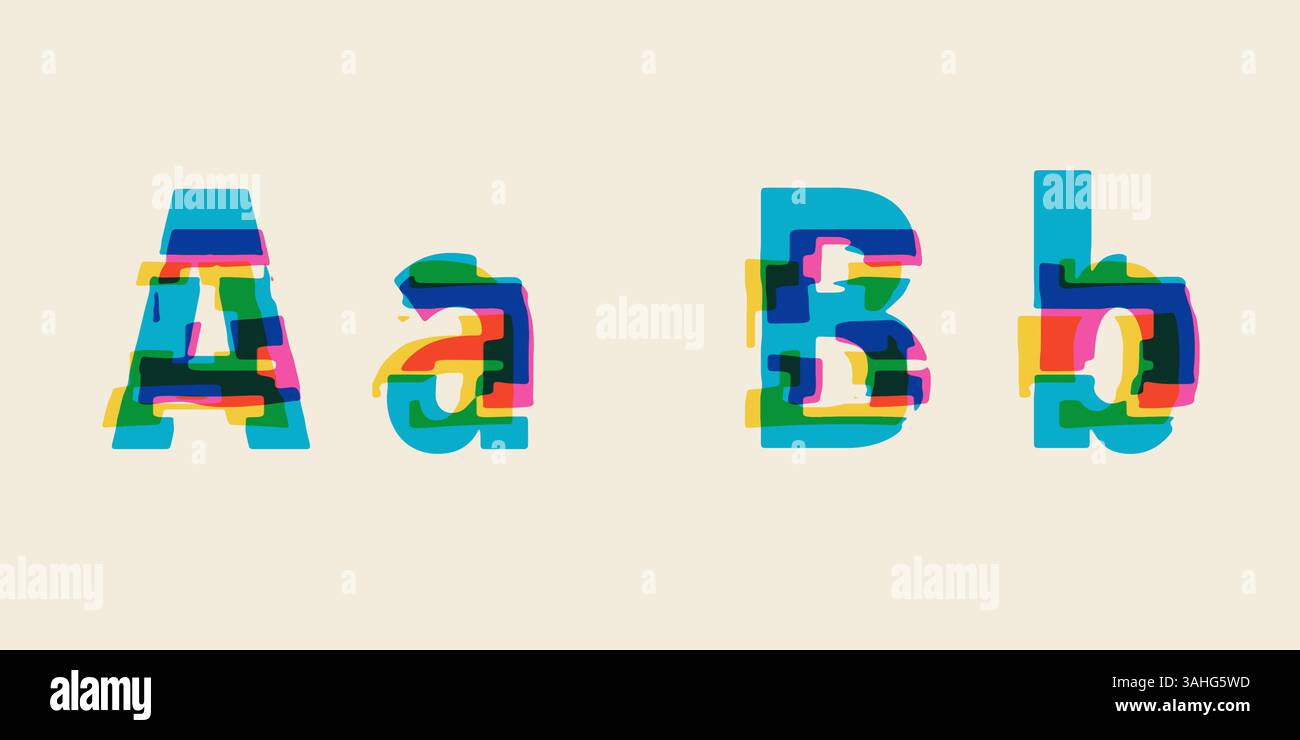 alphabet made of multicolored letters with glitch effect, lowercase and ...