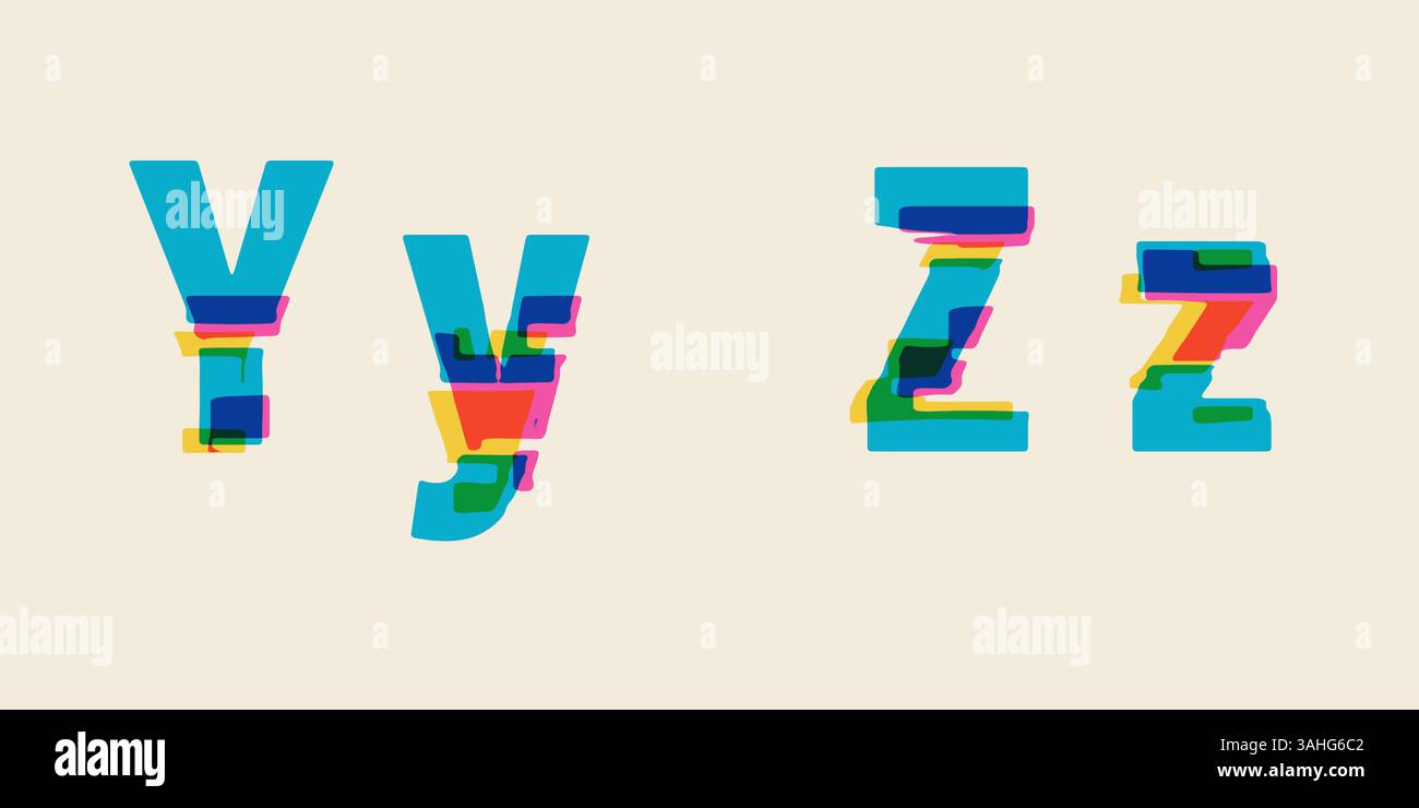 alphabet made of multicolored letters with glitch effect, lowercase and ...