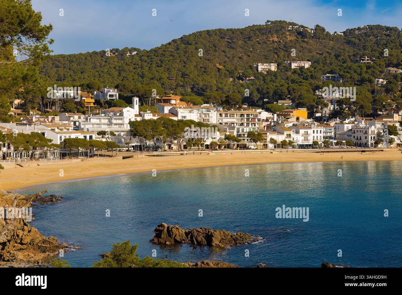 Idyllic view of Llafranc beach and bay, featuring the sandy shore ...