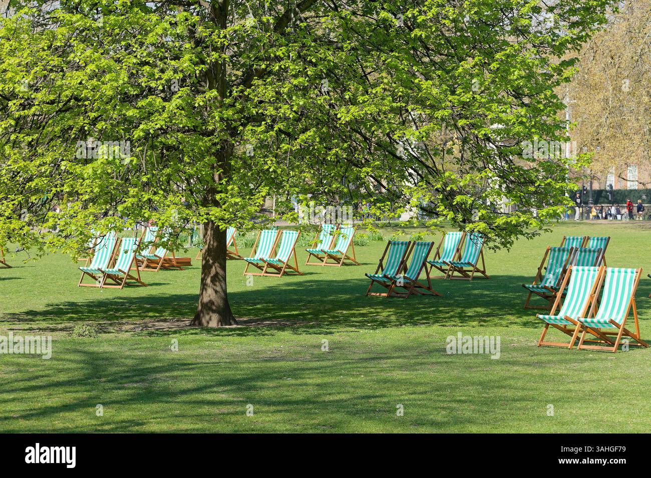 Deck chairs out in St James's Park, central London, UK. Public park ...