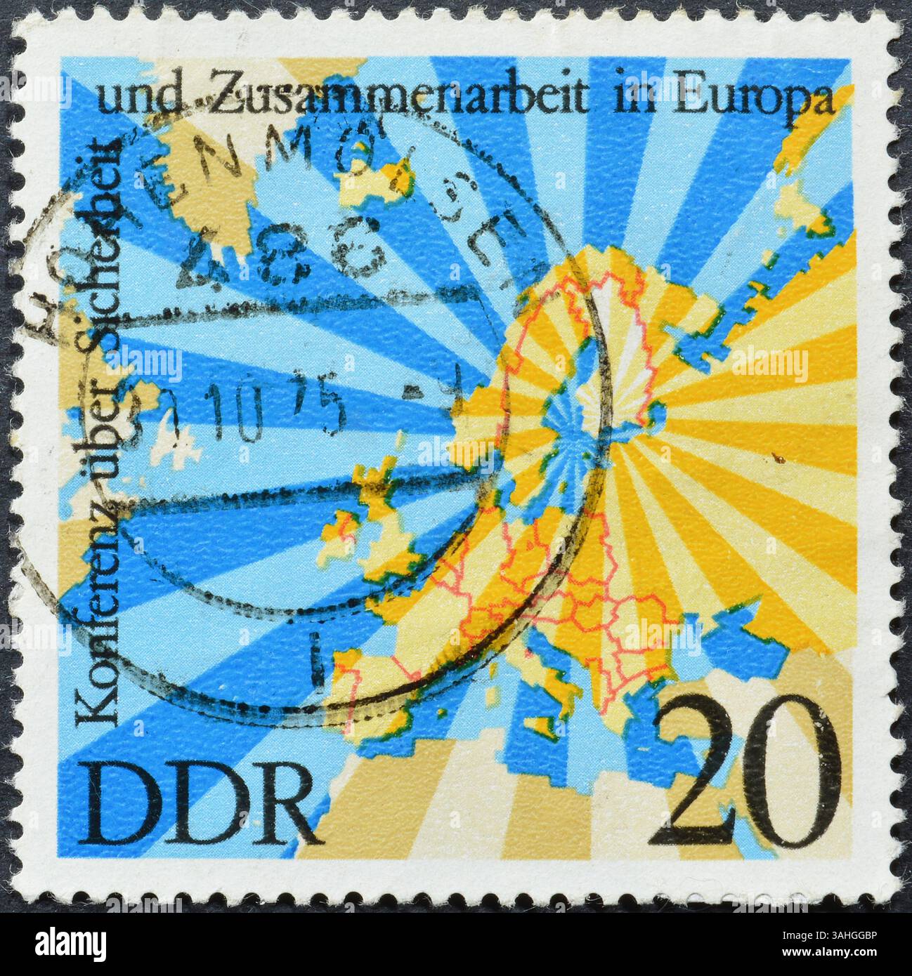Cancelled postage stamp printed by East Germany, that shows Map of ...